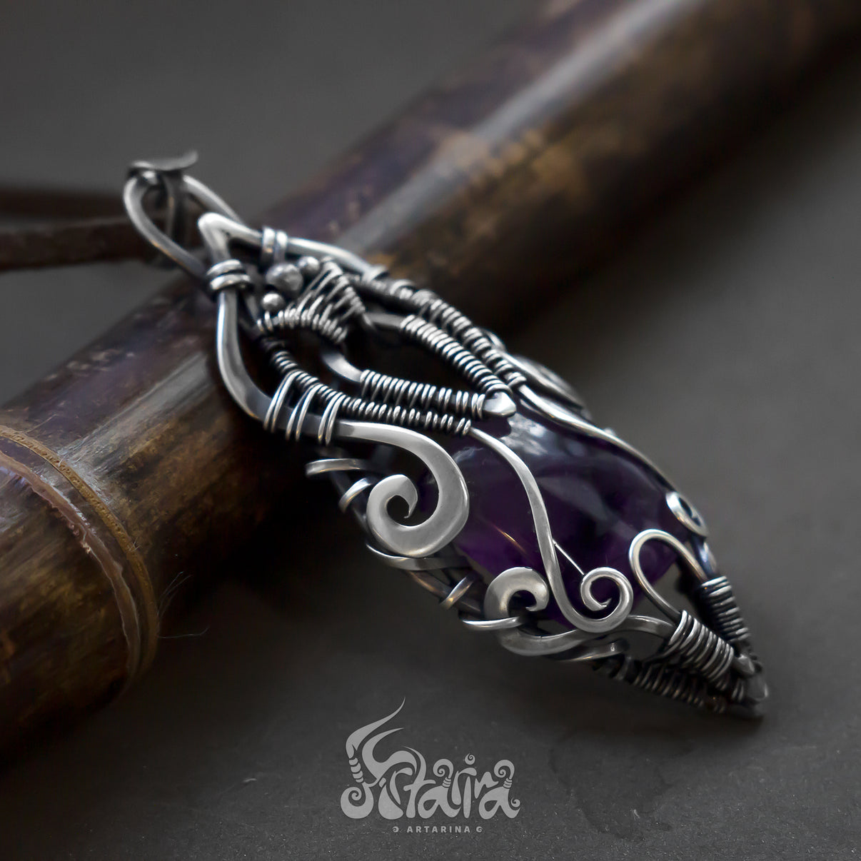Amethyst silver necklace. Ancient aliens esoteric astral jewelry – Artarina