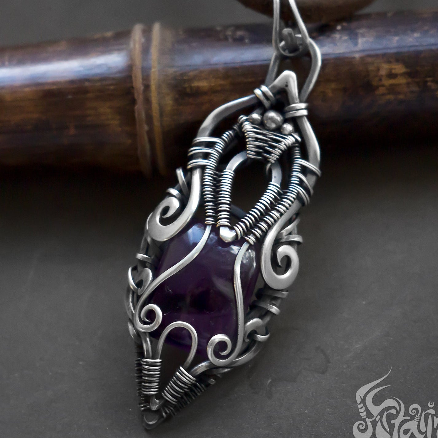 Amethyst silver necklace. Ancient aliens esoteric astral jewelry – Artarina
