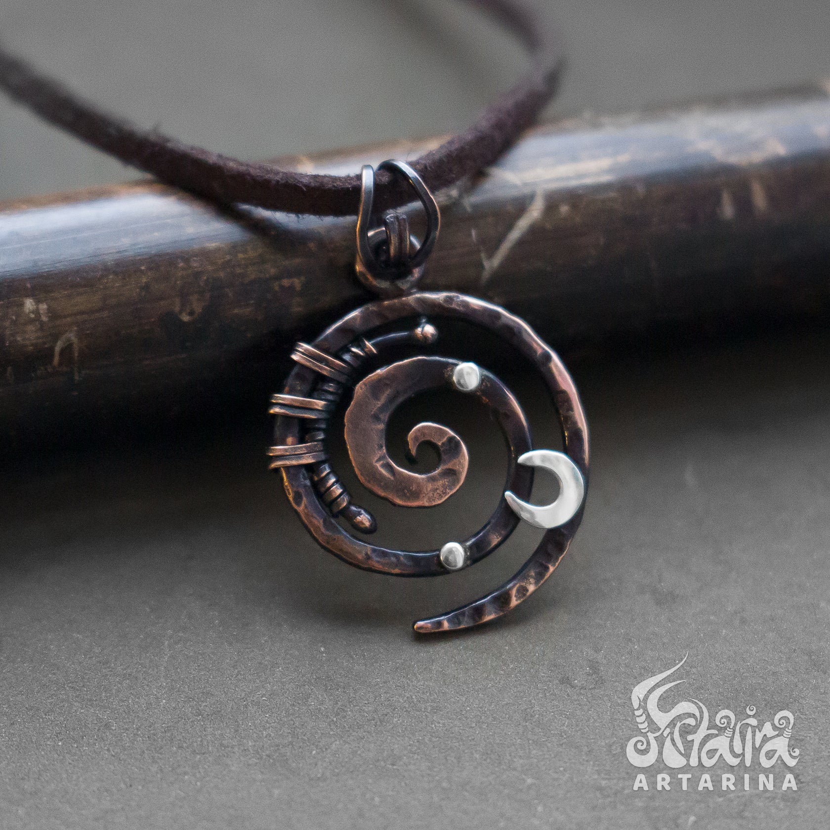 Rustic hand forged wire wrapped moon spirals – Artarina